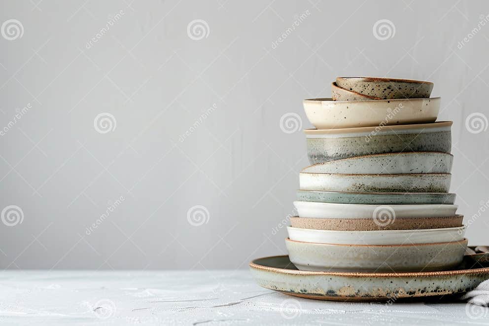 Rustic Stack of Handmade Ceramic Plates and Bowls Against Minimalist ...