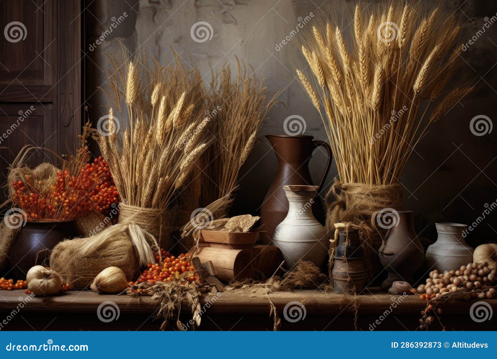 Rustic Still Life of Ancient Grains and Harvest-themed Decor Stock ...