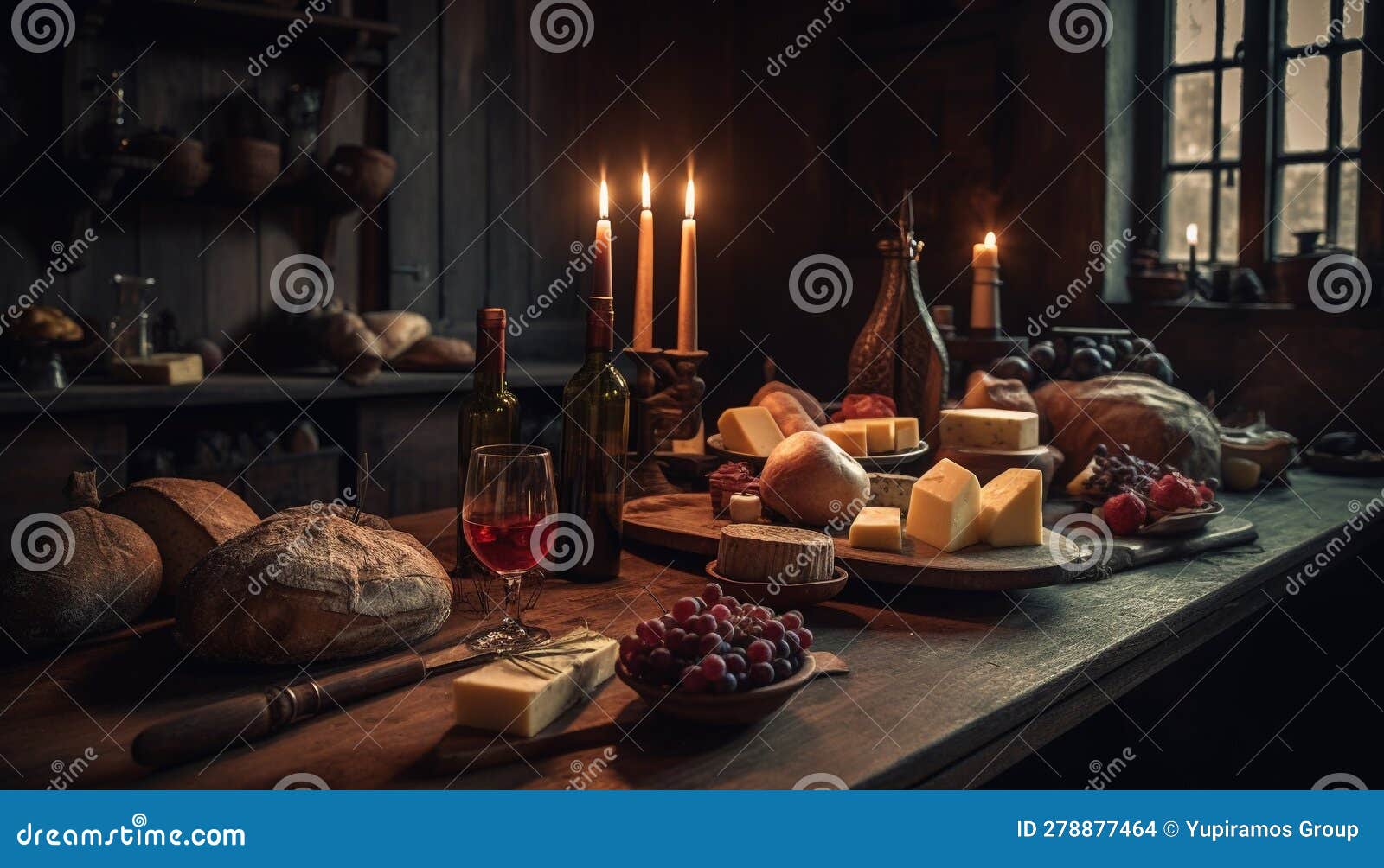A Rustic Still Life: Bread, Wine, Cheese, and Grapes Generated by AI ...
