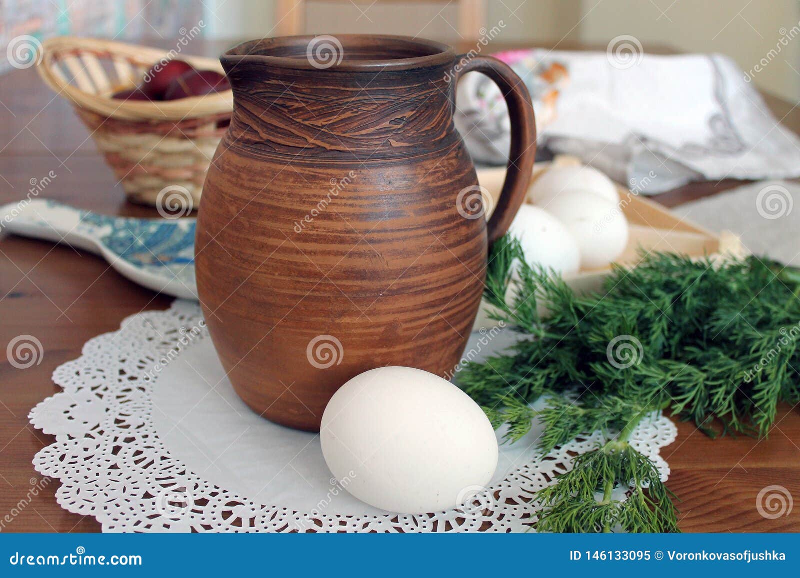 Rustic Still Life with Clay Jug and Eggs Stock Image - Image of clay ...