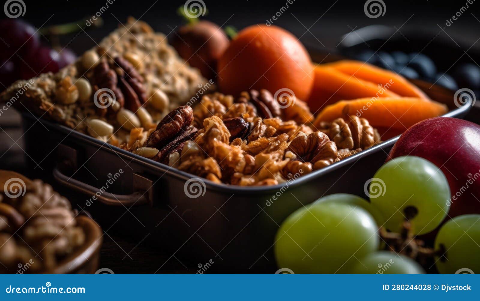A Rustic Still Life of Healthy Snacks Granola, Fruit, and Nuts ...