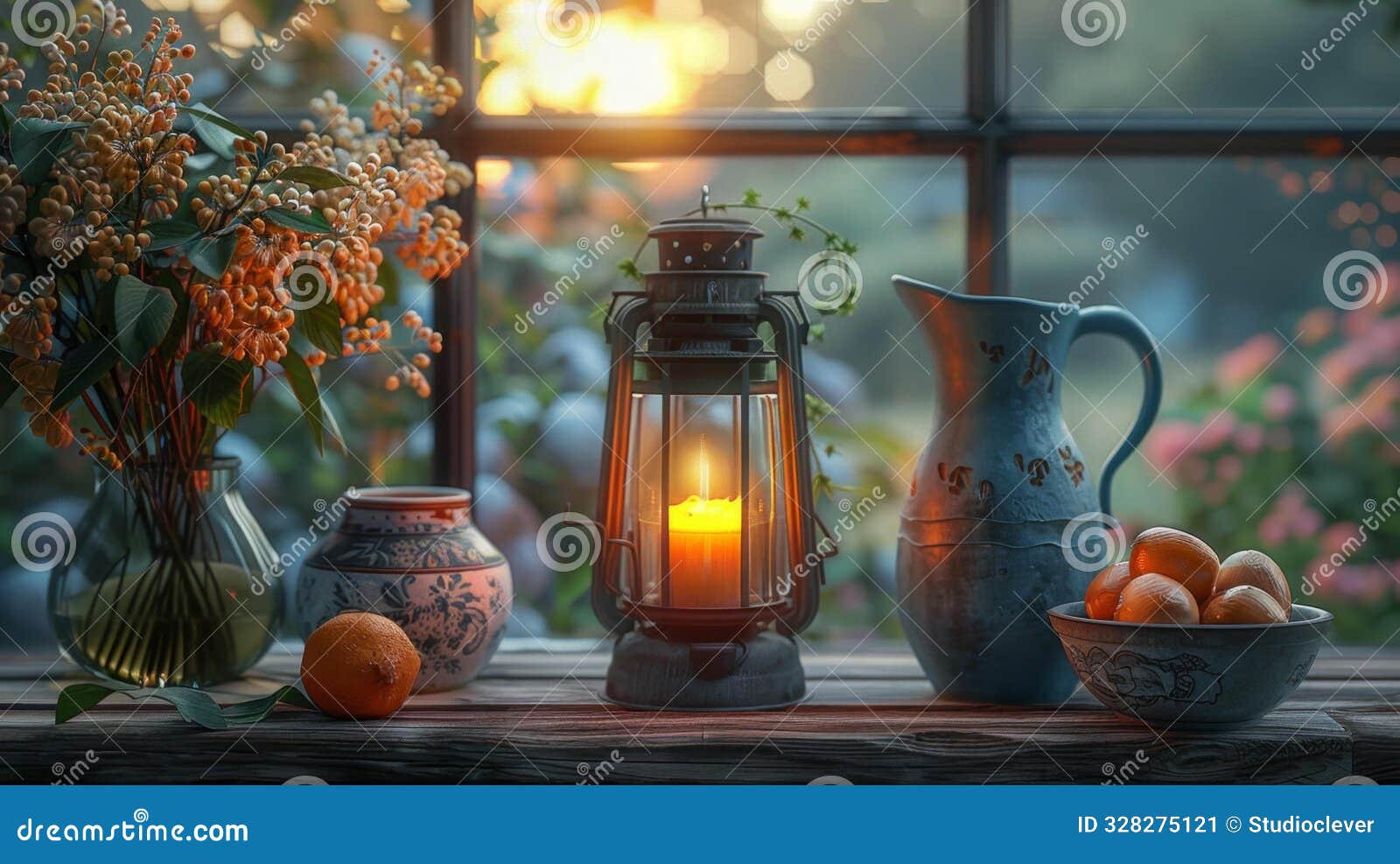 Rustic Still Life with Lantern and Fruits by the Window - Generative Ai ...