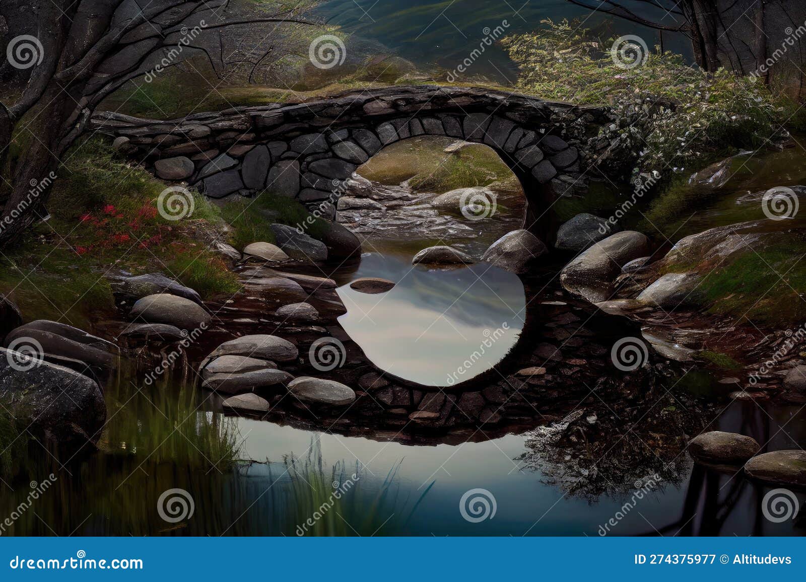 Rustic Stone Bridge Over Babbling Brook, with Reflection in the Water ...