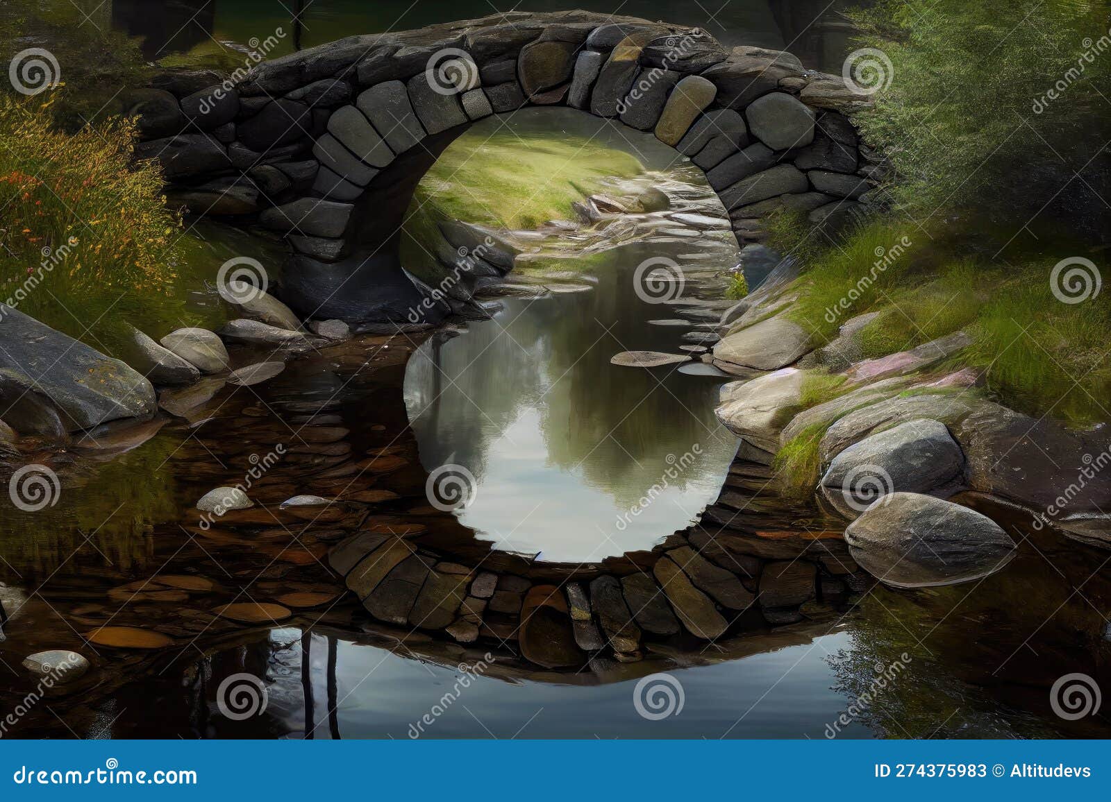 Rustic Stone Bridge Over Babbling Brook, with Reflection in the Water ...