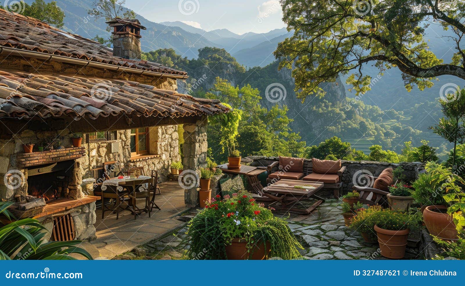 Rustic Stone Cottage with Lush Garden and Mountain View Stock ...