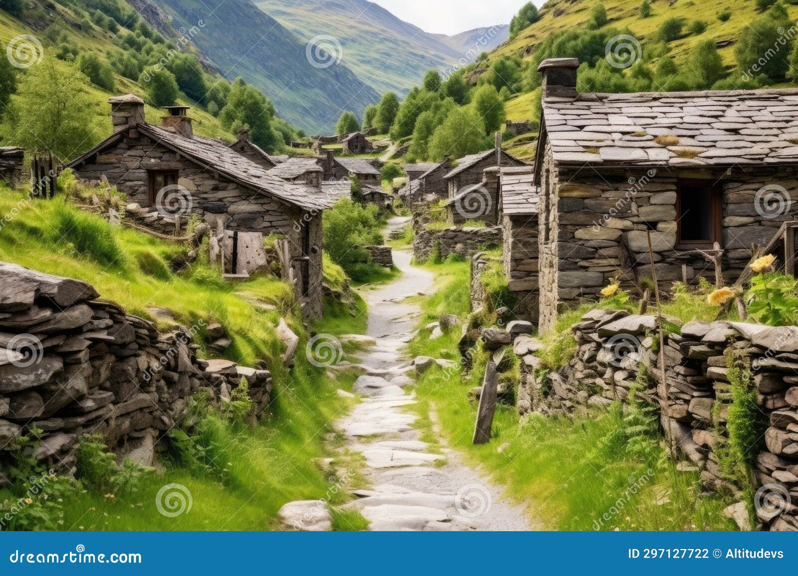 Rustic Stone Cottages Lined Along a Rugged Mountain Path Stock Photo ...