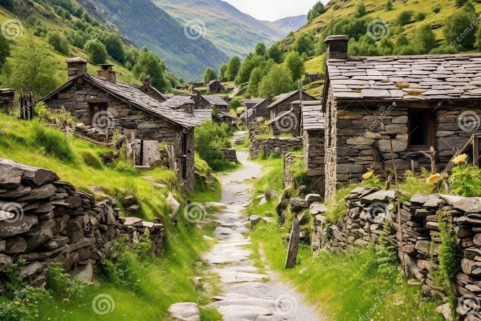 Rustic Stone Cottages Lined Along a Rugged Mountain Path Stock Photo ...