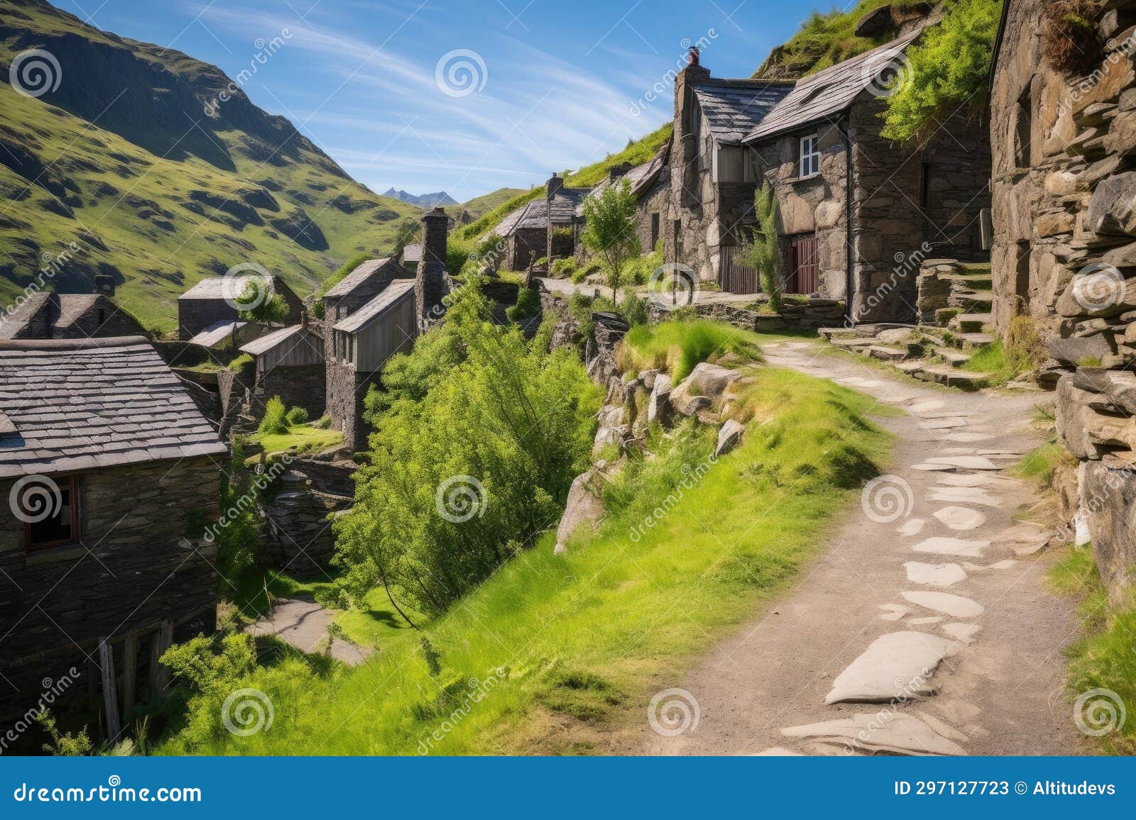 Rustic Stone Cottages Lined Along a Rugged Mountain Path Stock Image ...