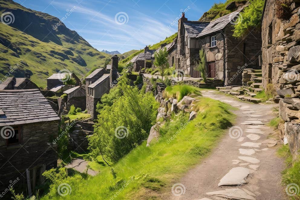 Rustic Stone Cottages Lined Along a Rugged Mountain Path Stock Image ...