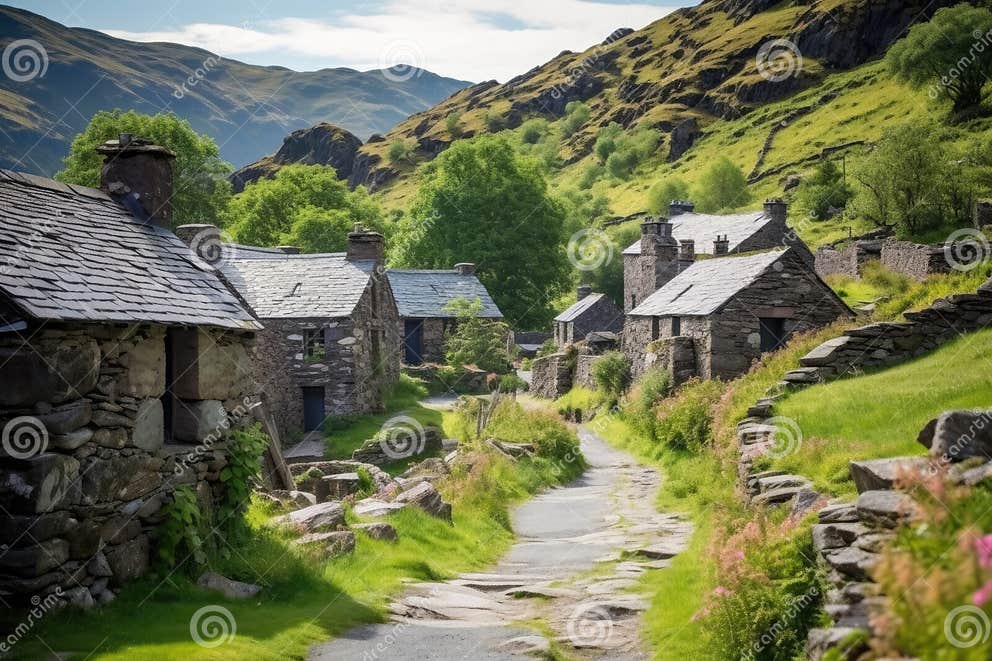 Rustic Stone Cottages Lined Along a Rugged Mountain Path Stock Photo ...
