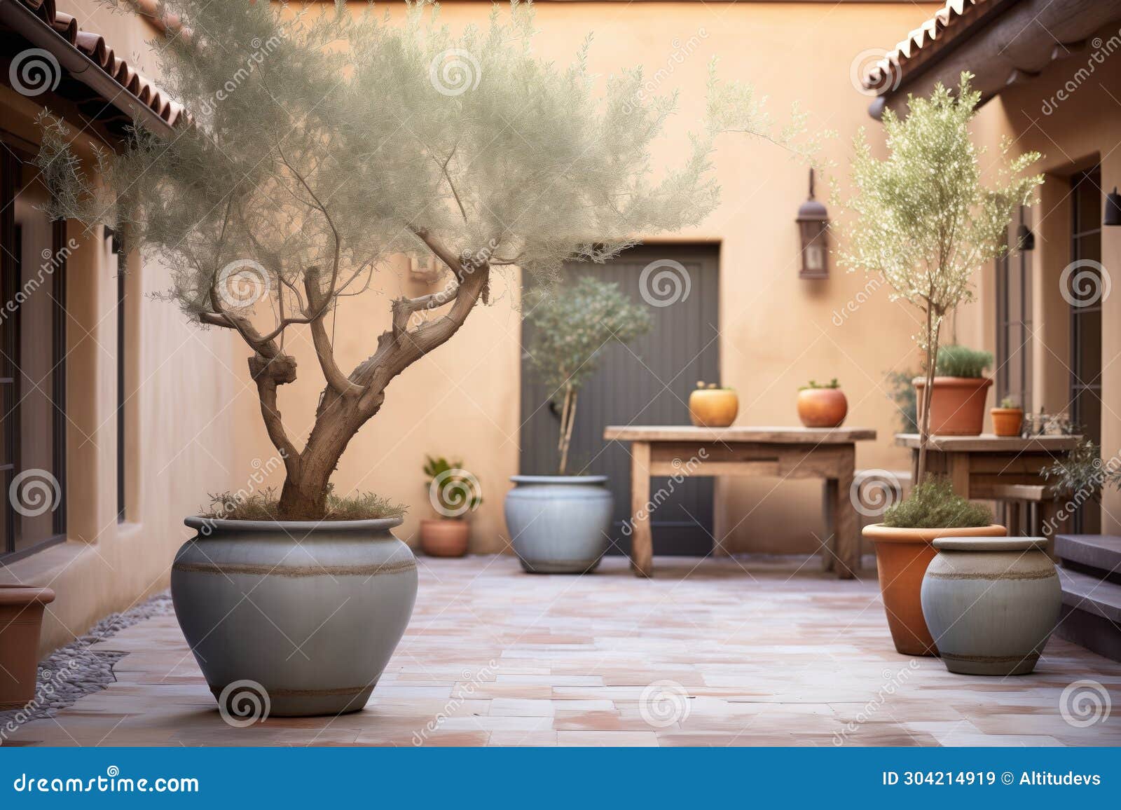 Rustic Stone Courtyard with an Olive Tree and Earthenware Pots Stock ...
