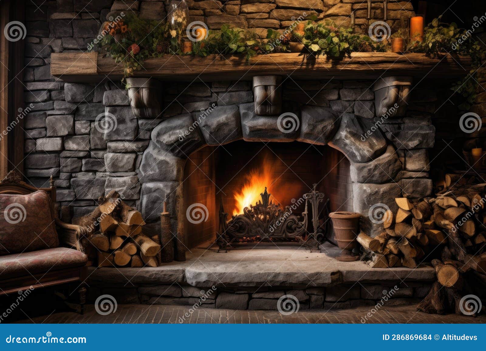Rustic Stone Fireplace with Burning Logs Stock Photo - Image of logs ...