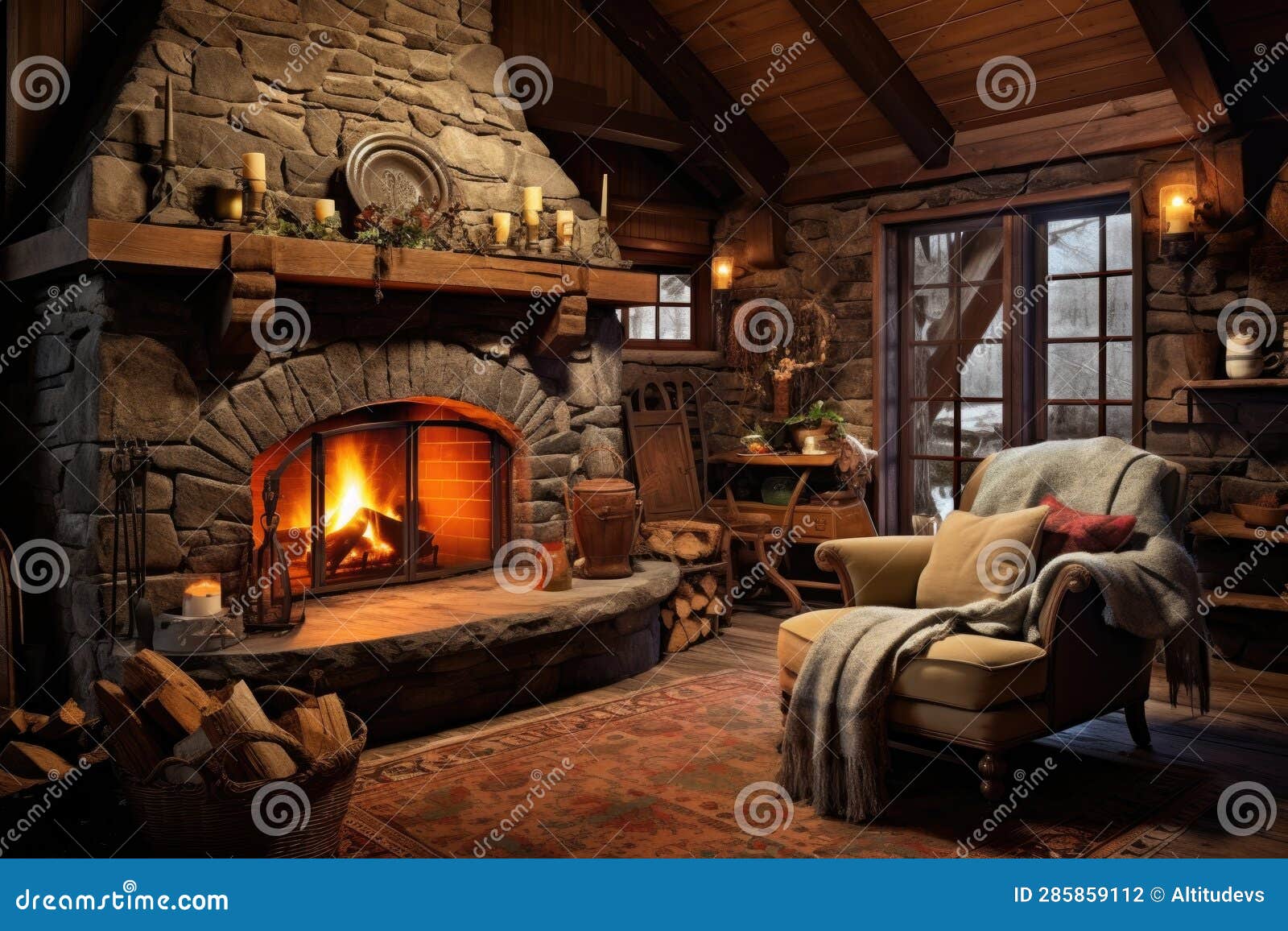 Rustic Stone Fireplace in a Cabin Setting Stock Photo - Image of ...