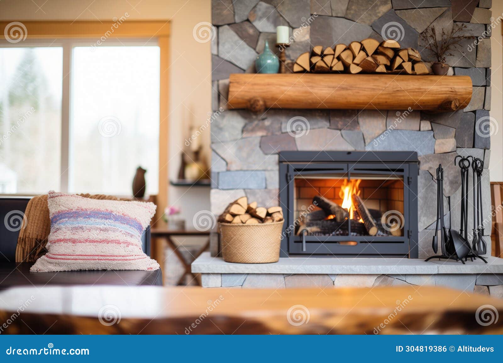 Rustic Stone Fireplace with Log Pile Stock Photo - Image of stone, warm ...