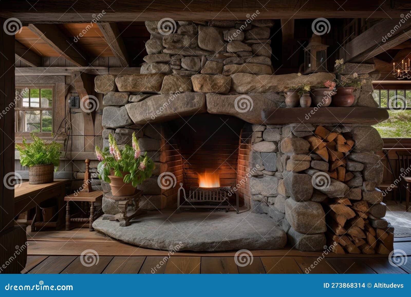 Rustic Stone Fireplace with Natural Materials and Textures Stock ...
