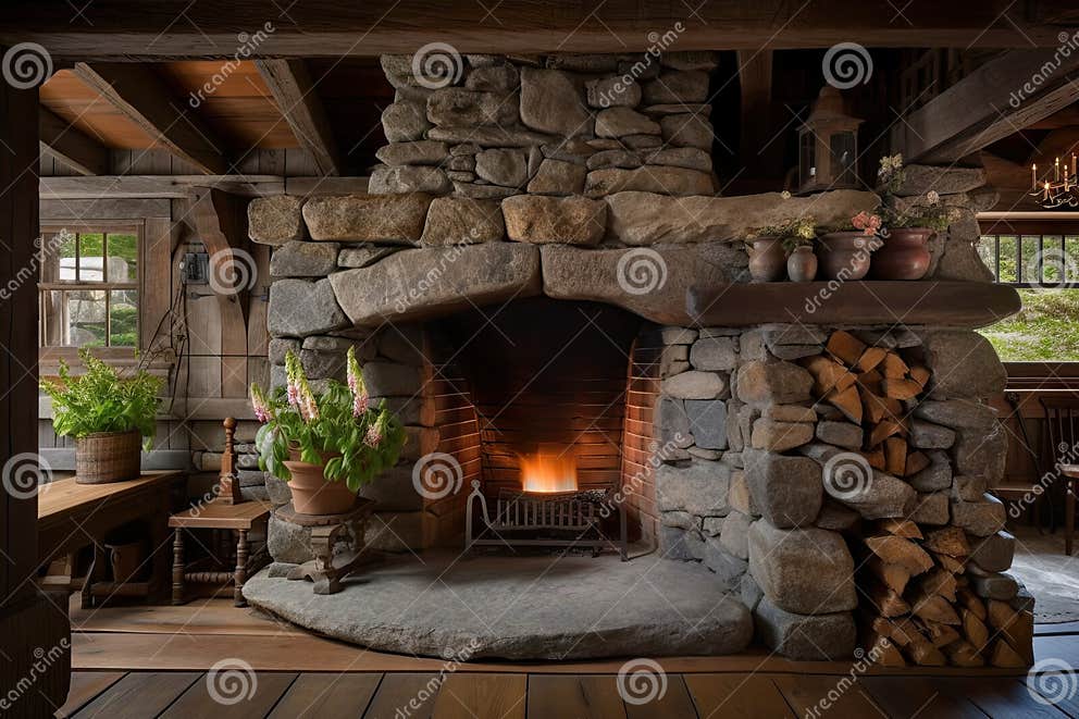 Rustic Stone Fireplace with Natural Materials and Textures Stock ...
