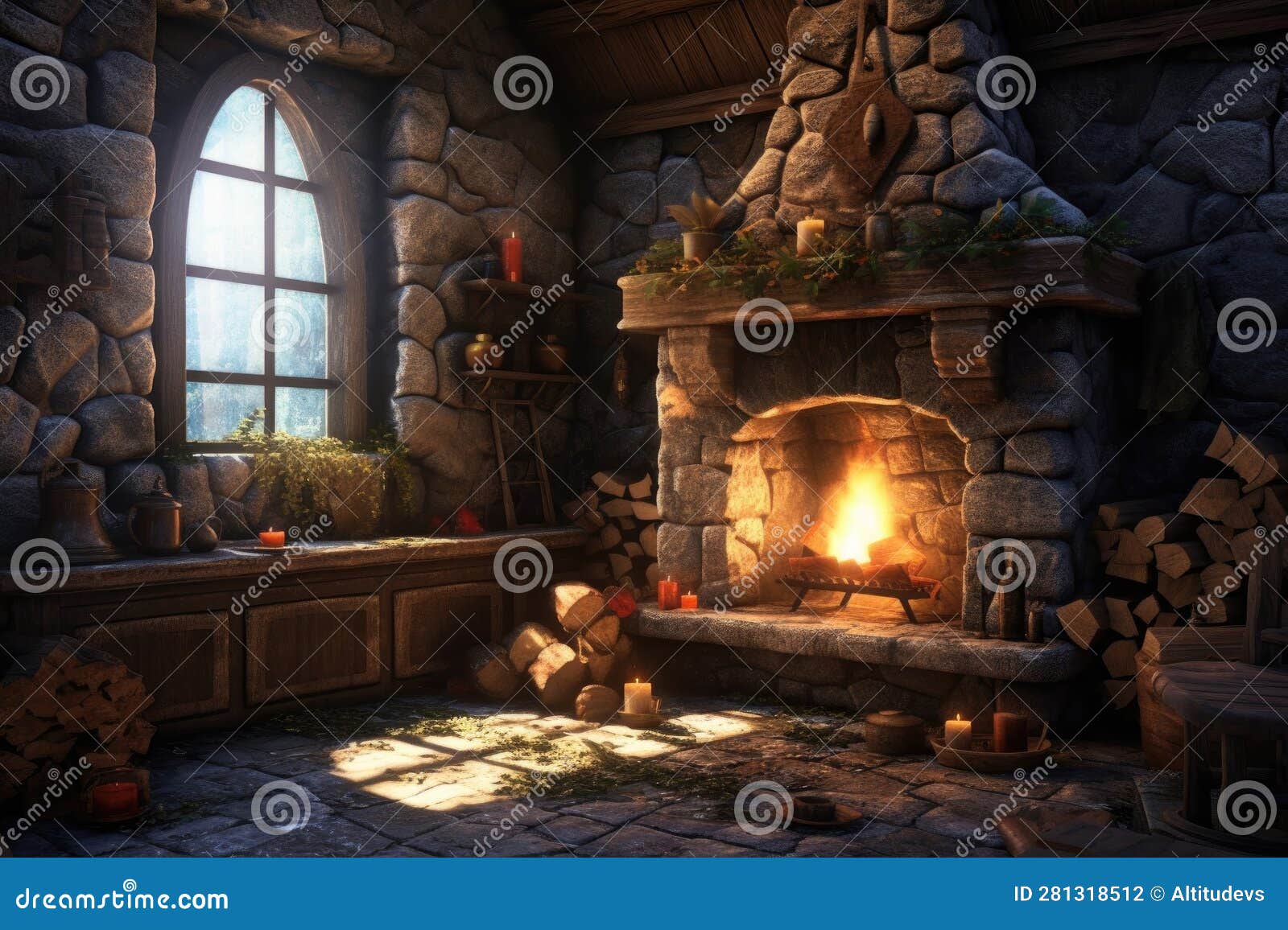 Rustic Stone Fireplace with a Roaring Fire and Shadows Stock ...