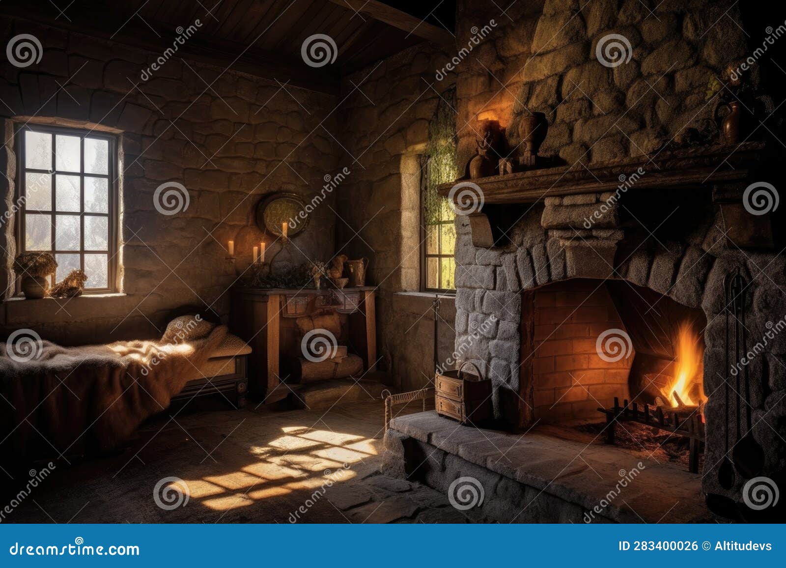 Rustic Stone Fireplace with a Roaring Fire and Shadows Stock ...