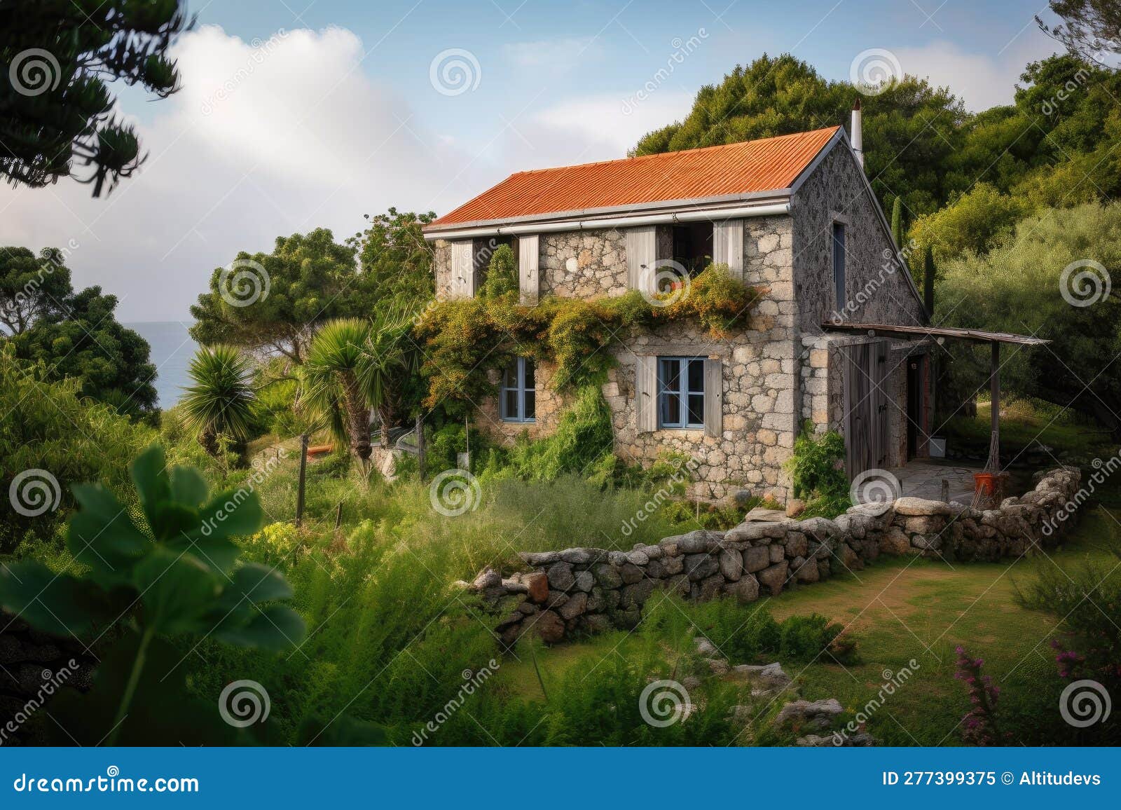Rustic Stone House, Surrounded by Lush Greenery, Overlooking the Sea ...