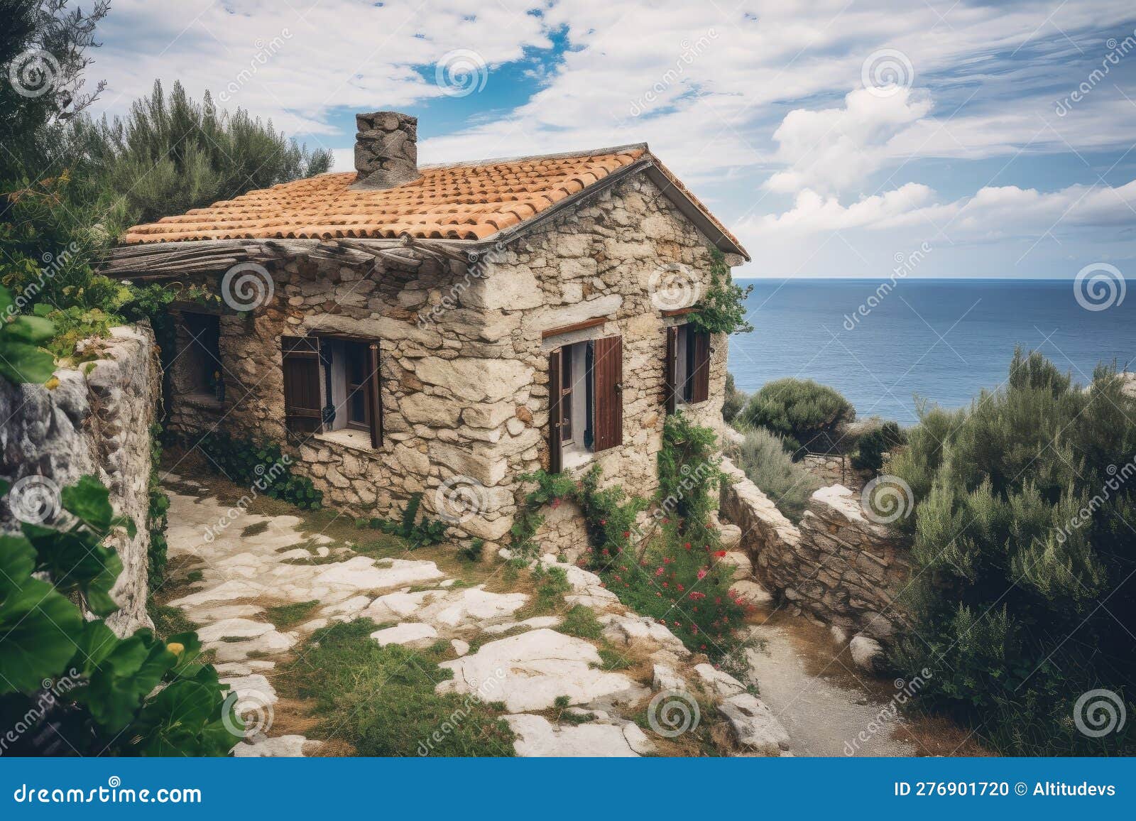 Rustic Stone House, Surrounded by Lush Greenery, Overlooking the Sea ...