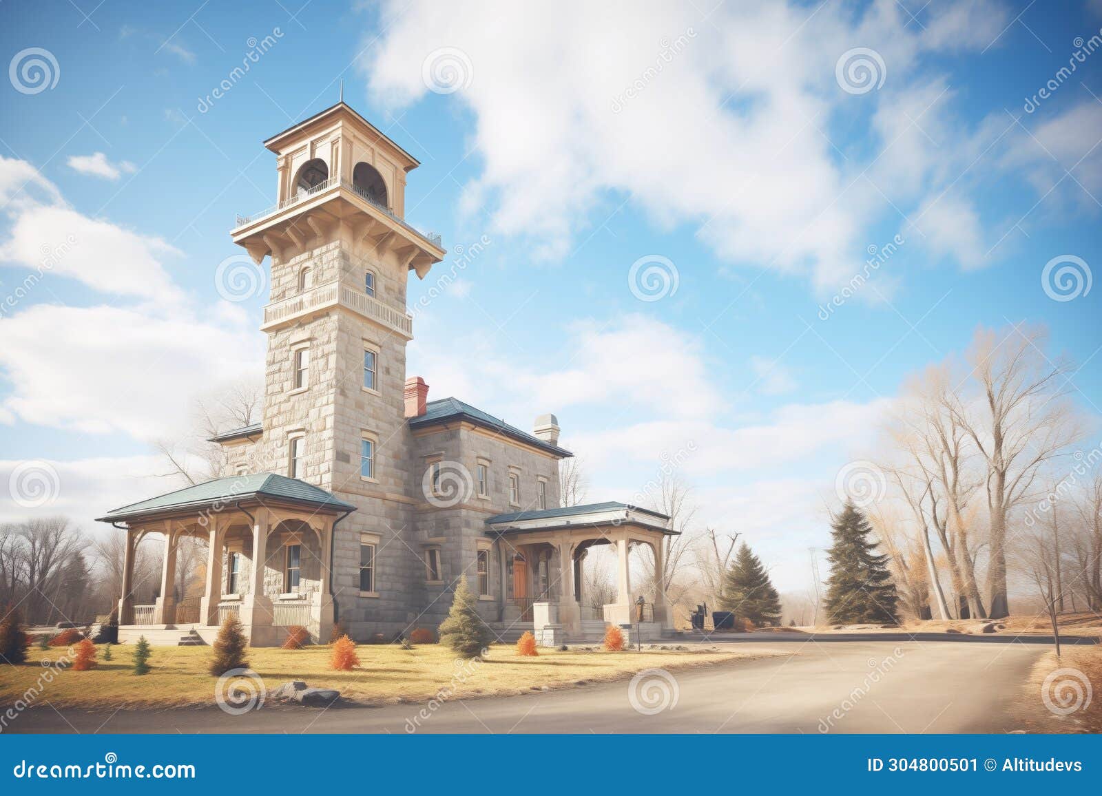 Rustic Stone Italianate Mansion with a Solid Belvedere Tower Stock ...