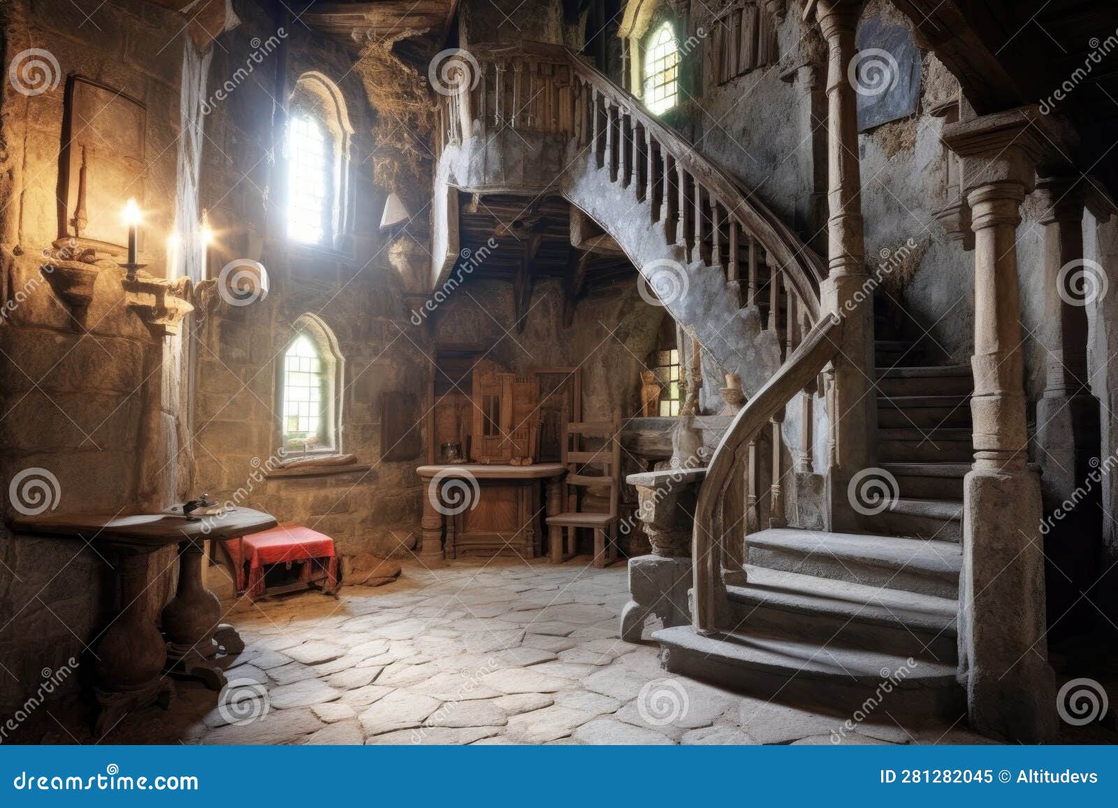 Rustic Stone Spiral Staircase in a Medieval Castle Stock Illustration ...