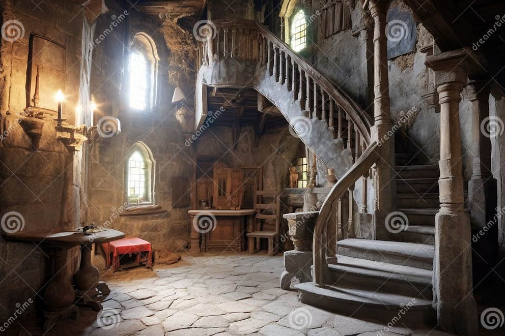 Rustic Stone Spiral Staircase in a Medieval Castle Stock Illustration ...