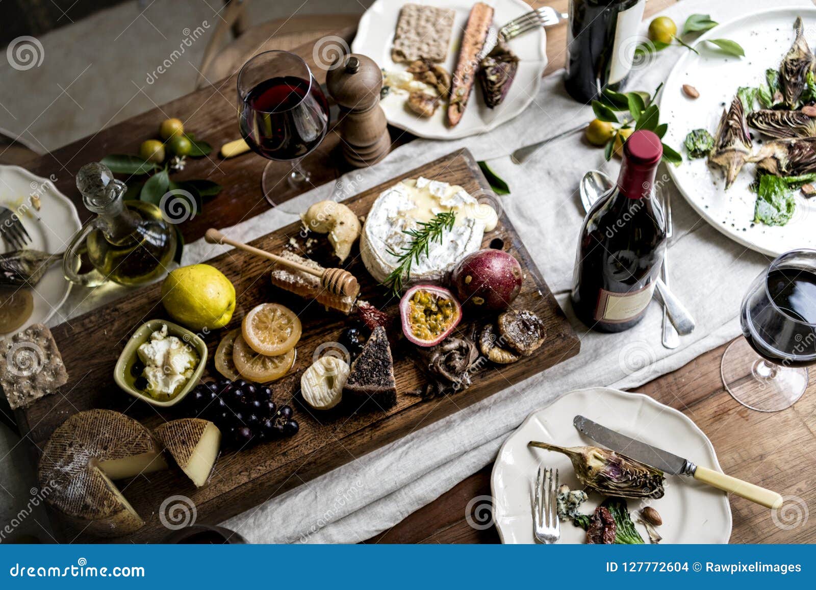 Rustic Style Dinner with Cheese Platter Stock Photo - Image of organic ...