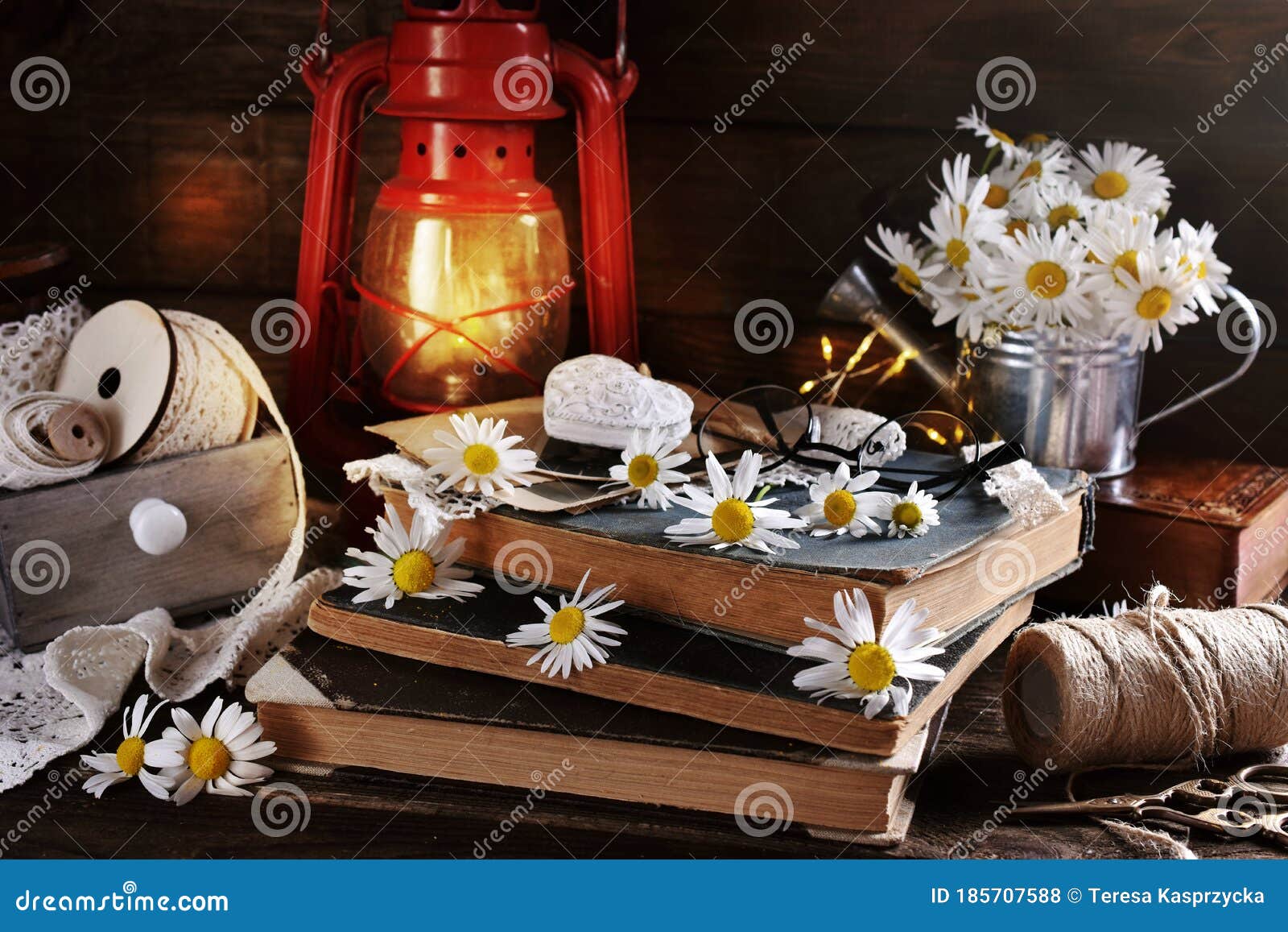 Rustic Style Still Life with Daisy Flowers on Wooden Table Stock Photo ...