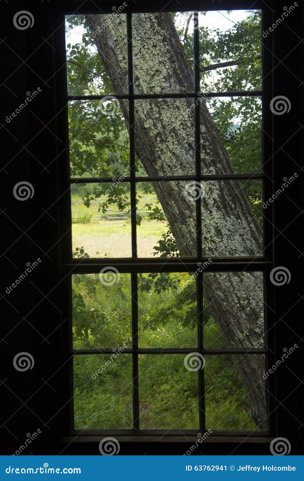 Rustic Summer Scene through Vertical Window, New England. Stock Image ...