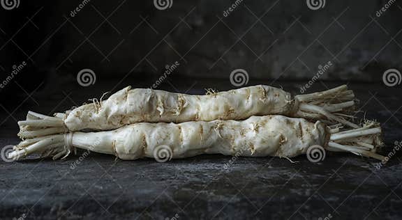 A Rustic Surface Displaying a Stack of Fresh Organic Burdock Root, Also ...