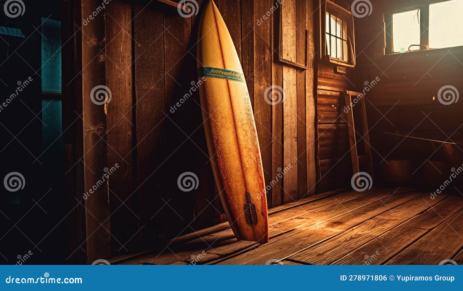 Rustic Surfboard Leans Against Old Plank in Abandoned Nautical Hut ...