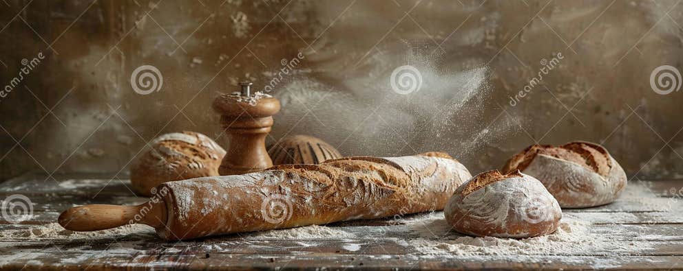 A Rustic Table with Different Types of Bread, a Dusting of Flour, and a ...