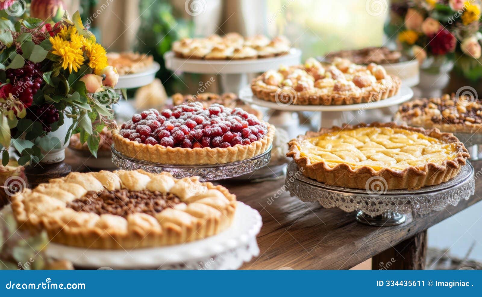 A Rustic Table Display with Various Fruit Pies and Floral Arrangements ...