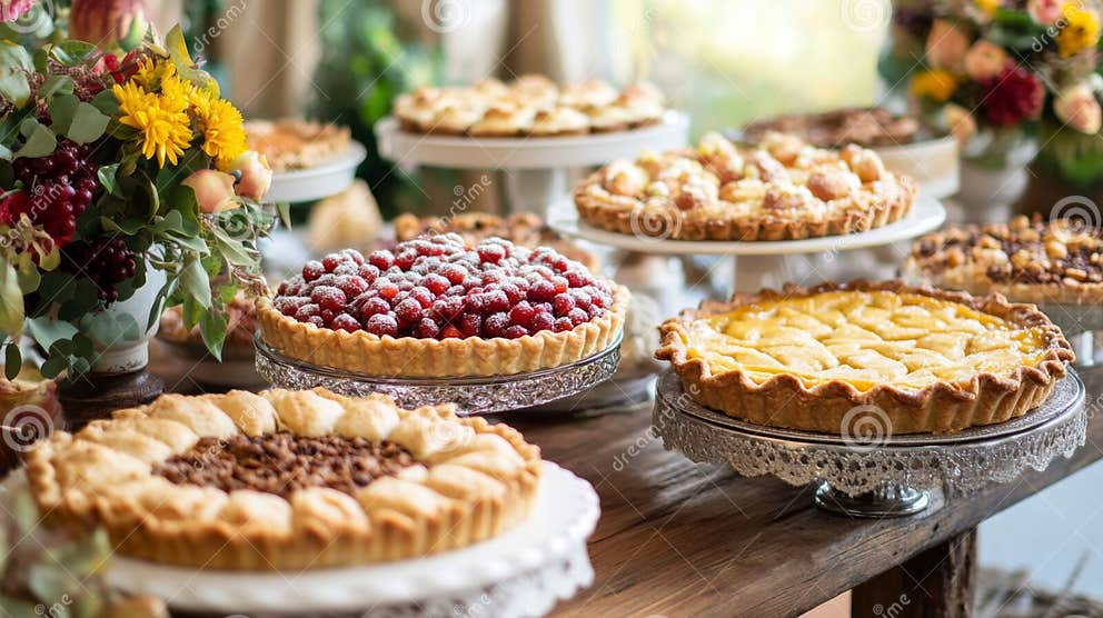 A Rustic Table Display with Various Fruit Pies and Floral Arrangements ...