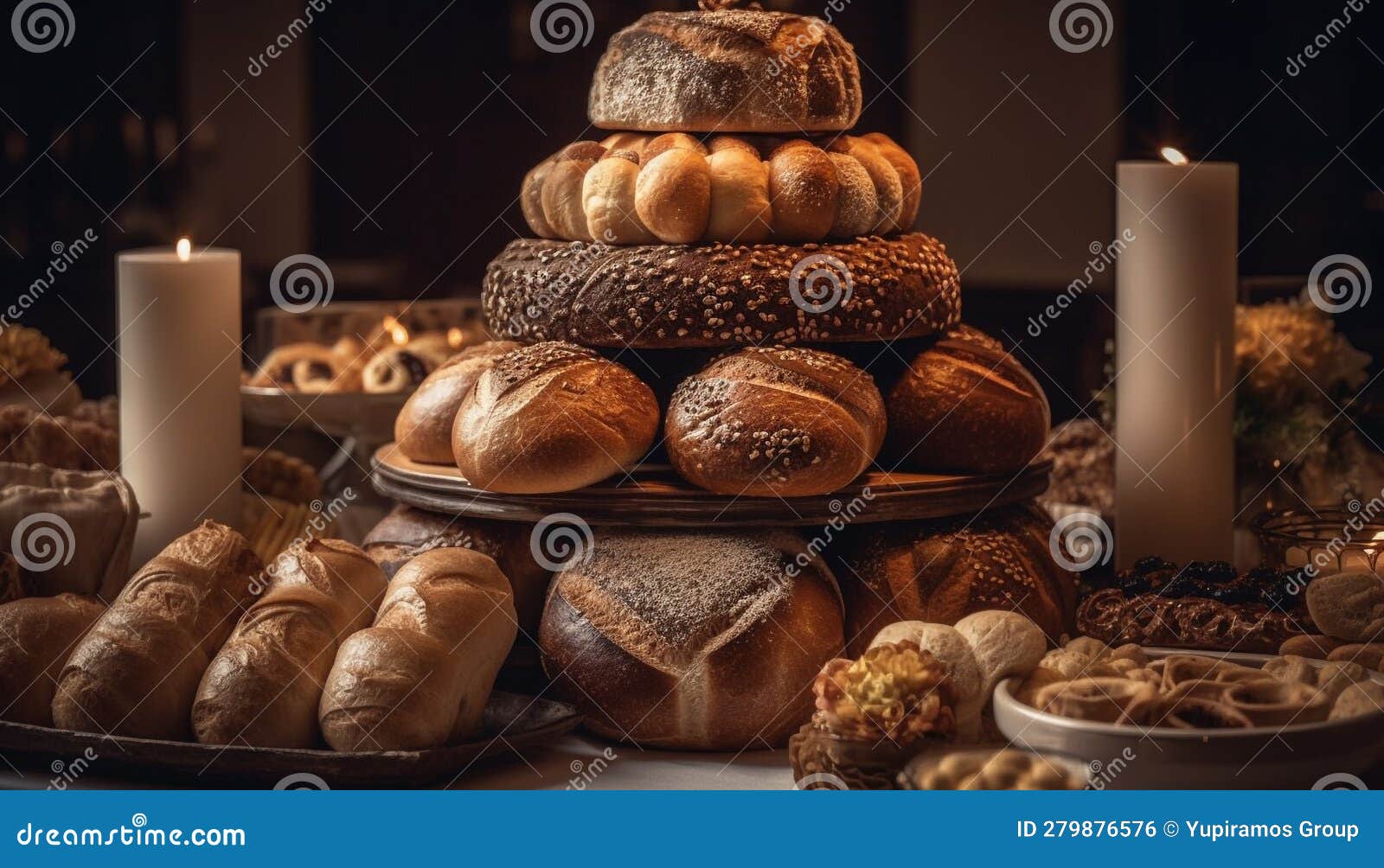 A Rustic Table Displays a Variety of Fresh Baked Bread Generated by AI ...