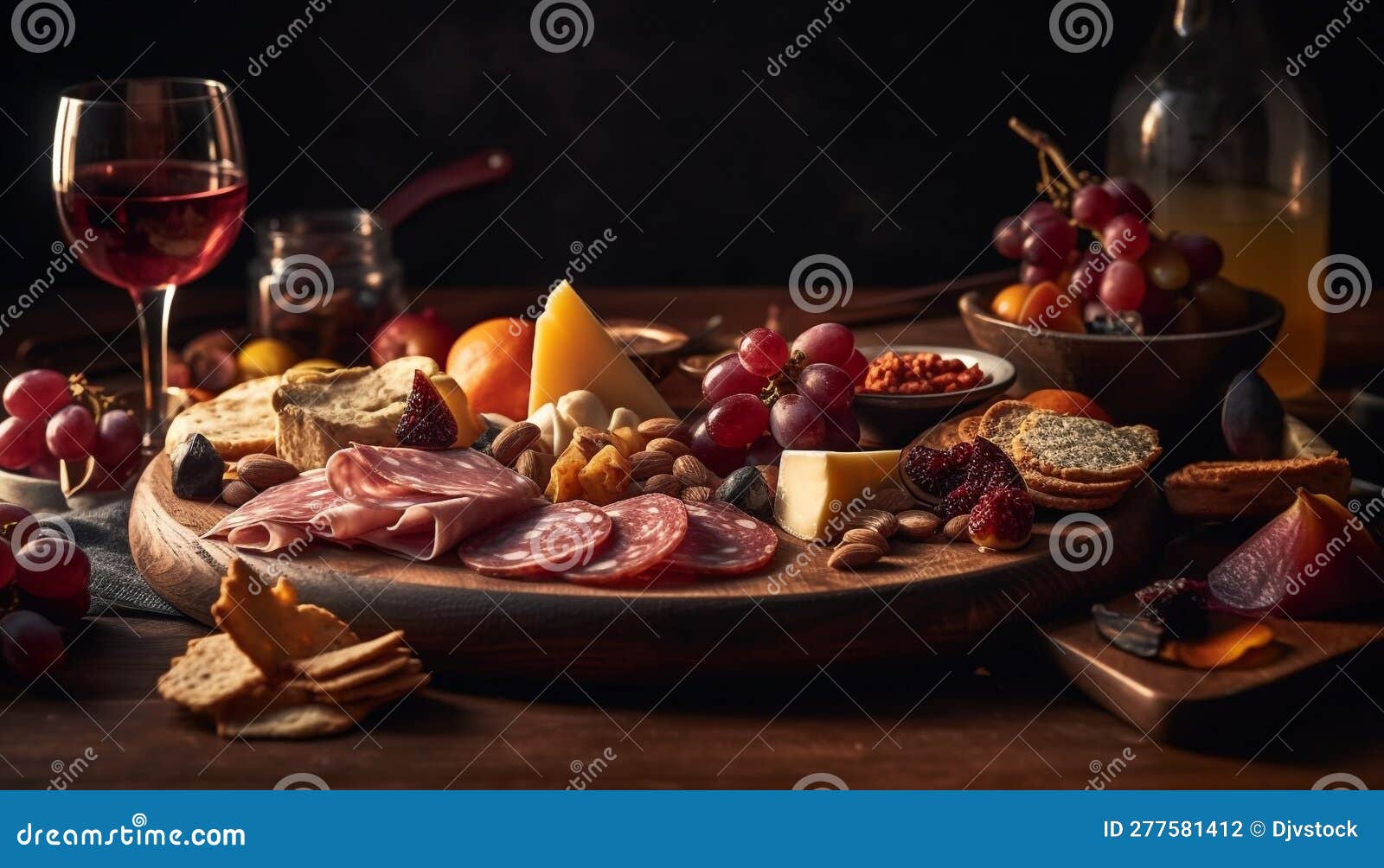 A Rustic Table with a Gourmet Snack Plate and Wine Bottle Generated by ...