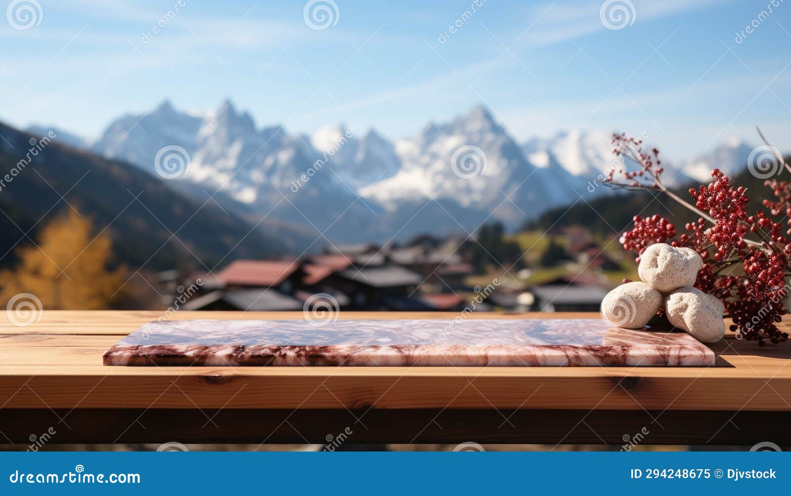 Rustic Table in Nature, Surrounded by Mountains and Snow Generated by ...
