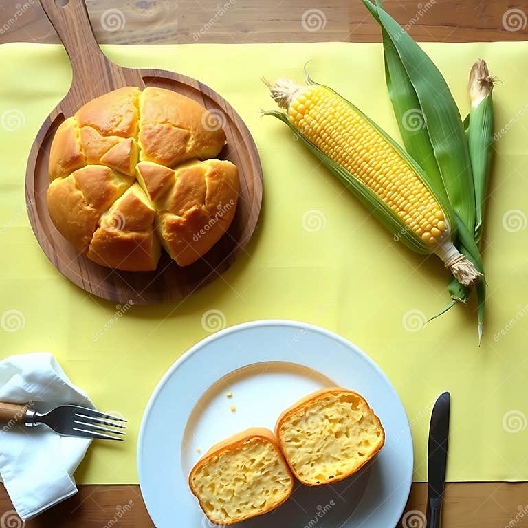A Rustic Table Set with Corn Bread and Fresh Corn on a Pastel Yellow ...
