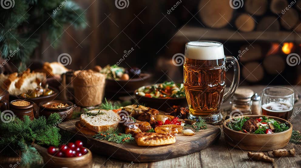 Rustic Table Setting with Beer, Appetizers, and Salad Stock ...