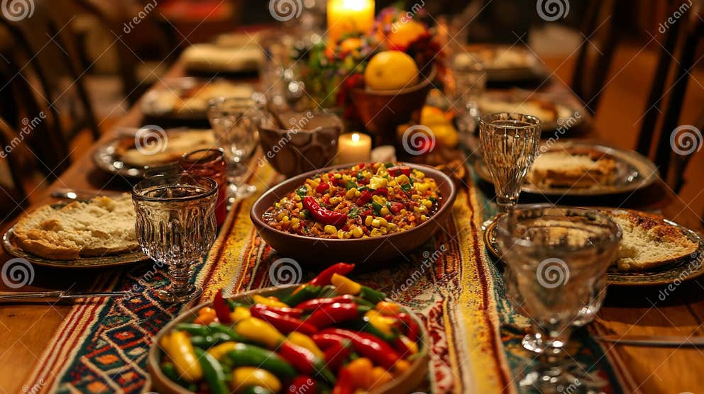 A Rustic Table Setting with Chili Peppers, Corn, and Bread Stock ...