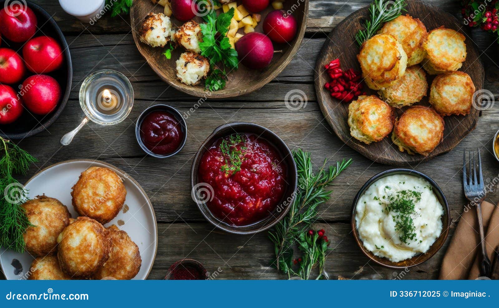 Rustic Table Setting with Fried Foods, Sauces, and Fruit Stock ...