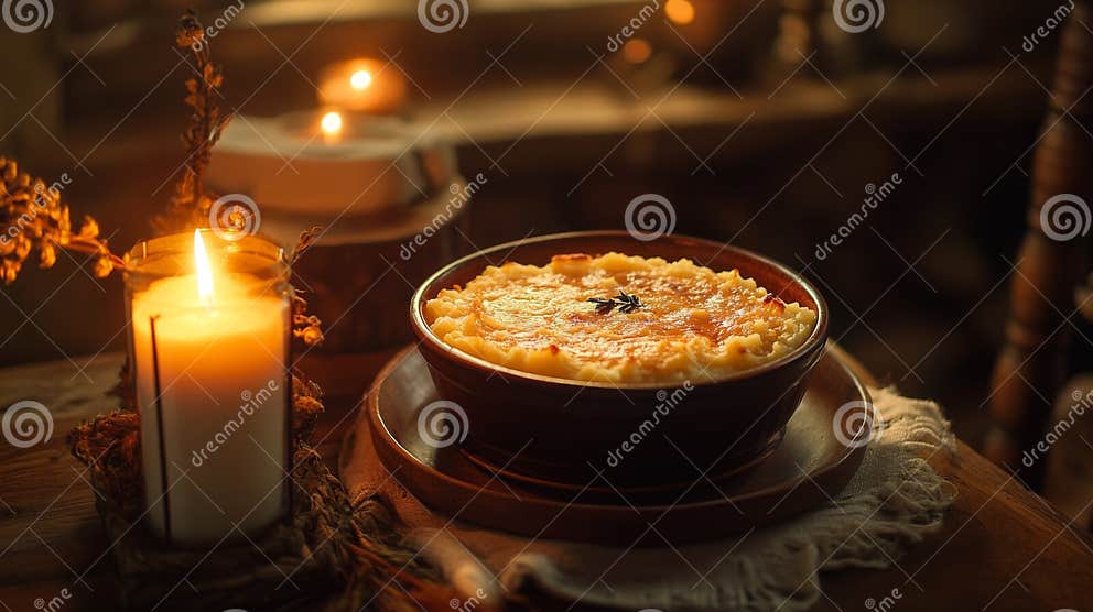 Rustic Table Setting with Mashed Potato Dish and Candles Stock ...