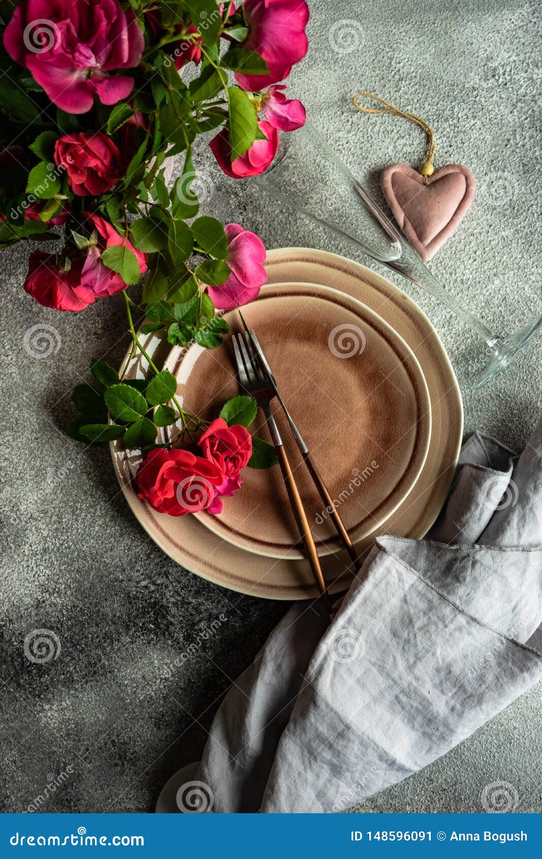 Rustic Table Setting with Red Tea Roses Stock Image - Image of rose ...
