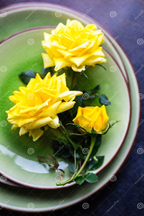 Rustic Table Setting with Yellow Roses Stock Photo - Image of plate ...