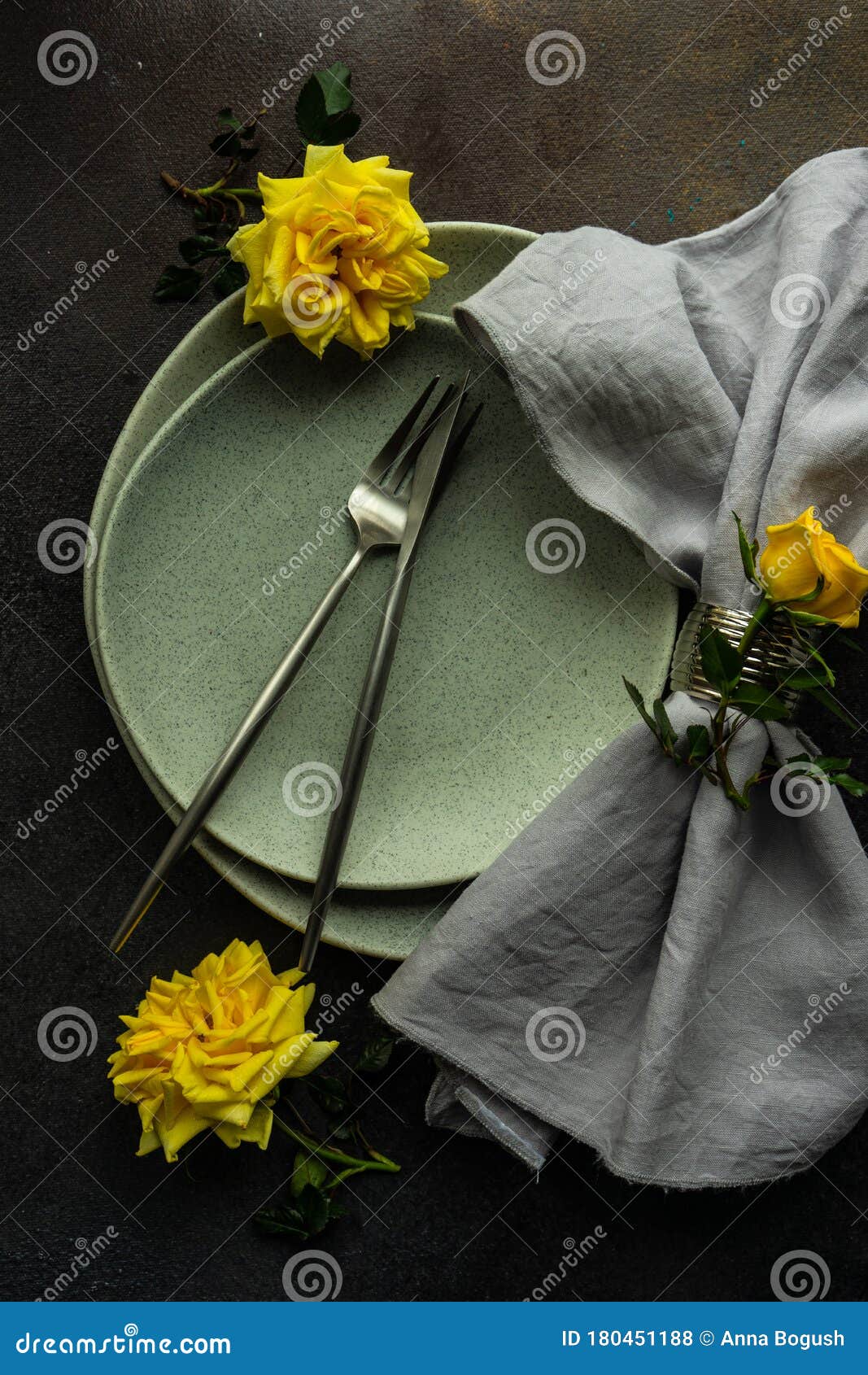 Rustic Table Setting with Yellow Roses Stock Photo - Image of space ...