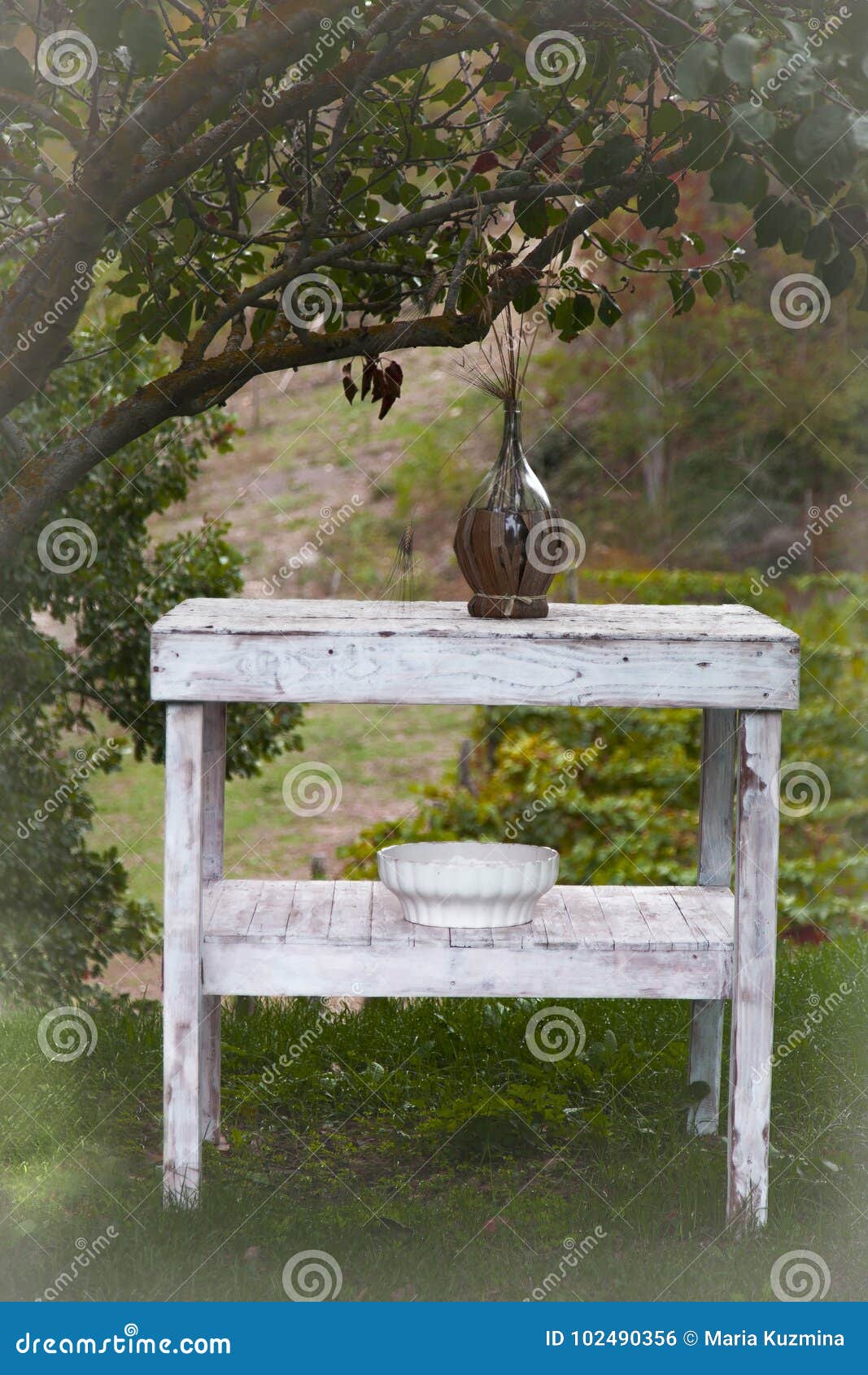 Rustic table under a tree stock photo. Image of wooden - 102490356