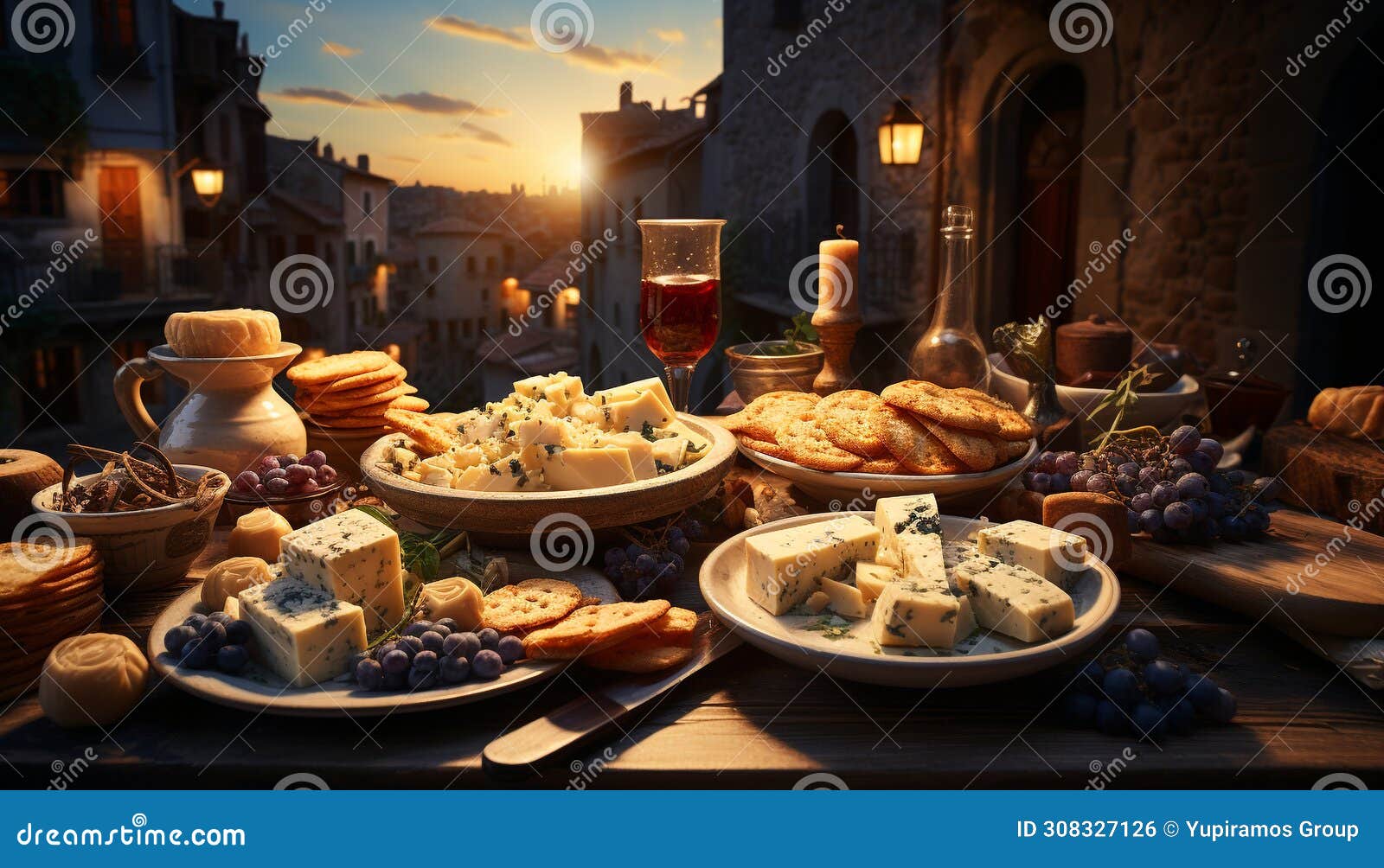 A Rustic Table with Wine, Bread, and Gourmet Appetizers Generated by AI ...