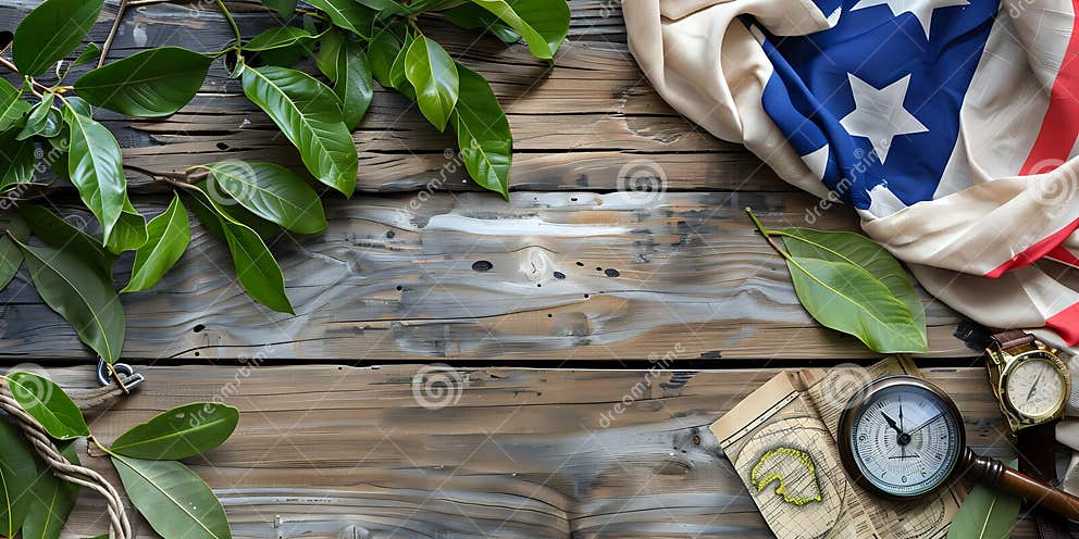 A Rustic Tabletop Featuring Greenery, a Compass, and an American Flag ...