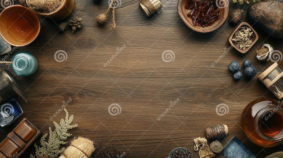 Rustic Tabletop Still Life with Natural Elements and Herbs Stock Photo ...